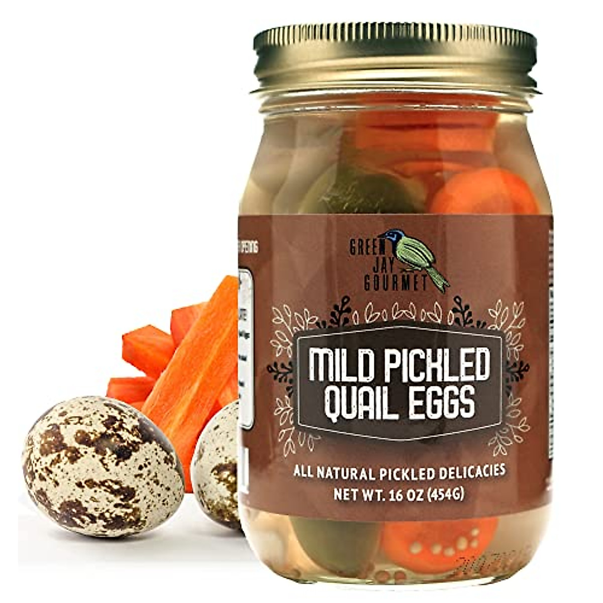 Green Jay Gourmet Mild Pickled Quail Eggs in a Jar – Fresh Hand Jarred for Cooking & Pantry – Mild Flavor - Simple Natural Ingredients - 16 Ounce Jar