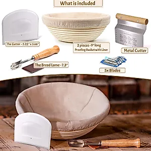 Sourdough Bread Baking Supplies Starter Kit, Banneton Proofing Basket Round 9" Set of 2, Bread Making Tools, Bread Basket Gift Set by CRISS ELITE