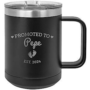 Promoted To Pepe Established Est. 2023 2024 2025 2026 15-Ounce Vacuum Insulated Stainless Steel Tumbler Customized Double-Walled Custom Laser Engraved, Sliding Lid Coffee Mug, Personalized, Black