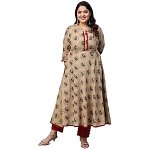 Yash Gallery Women's Cotton Blend Printed Anarkali Kurta (Beige)