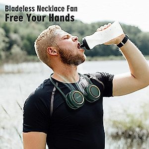 HIWUP 3000mAh Bladeless Neck Fan,Hands Free Portable Fan,Portable Fan 3 Speeds Strong Wind 360° Adjustable High Flexibility Wearable for Office Travel Outdoor (Army green)