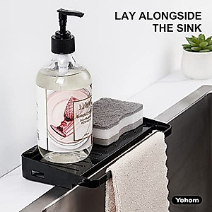 YOHOM Black Suction Cup Sponge Holder for Kitchen 2-in-1 in Sink Dish Rag Holder for Undermount Sink Plastic Scrubber Sponge Tray Organizer, Installation Size 9.06" L x 3.15" W