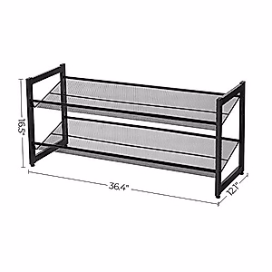 SONGMICS Shoe Rack, 2-Tier Stackable Shoe Storage Shelf, Flat or Angled Shoe Organizer, Metal Shoe Tower Stand for Closet Entryway, Black