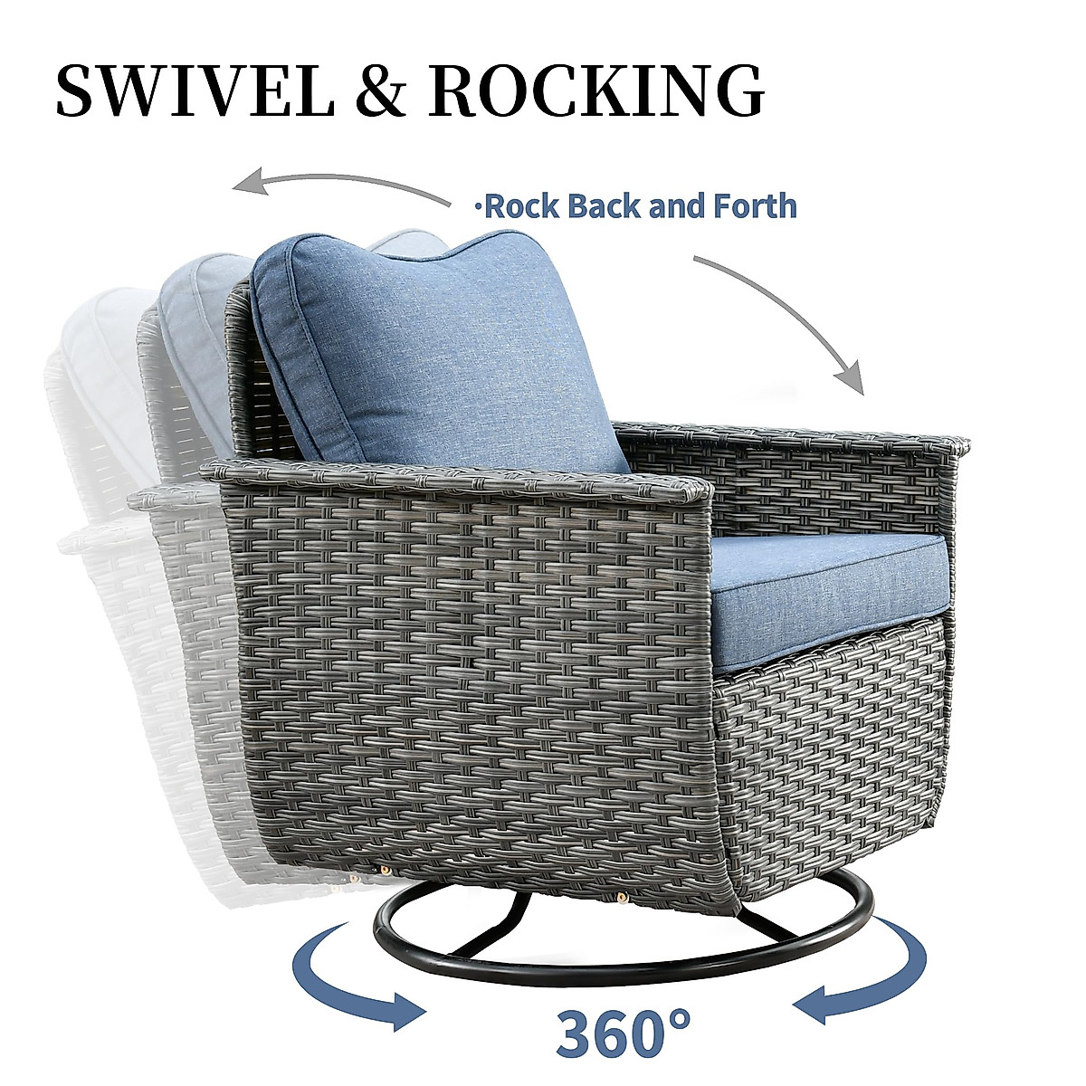 ovios 3 Pieces Patio Rocking Swivel Chairs with Side Table, Outdoor Wicker Rattan Rocker Chair of 2 with High Back Comfy Cushions for Porch Deck Garden (Grey Wicker-Denim Blue)