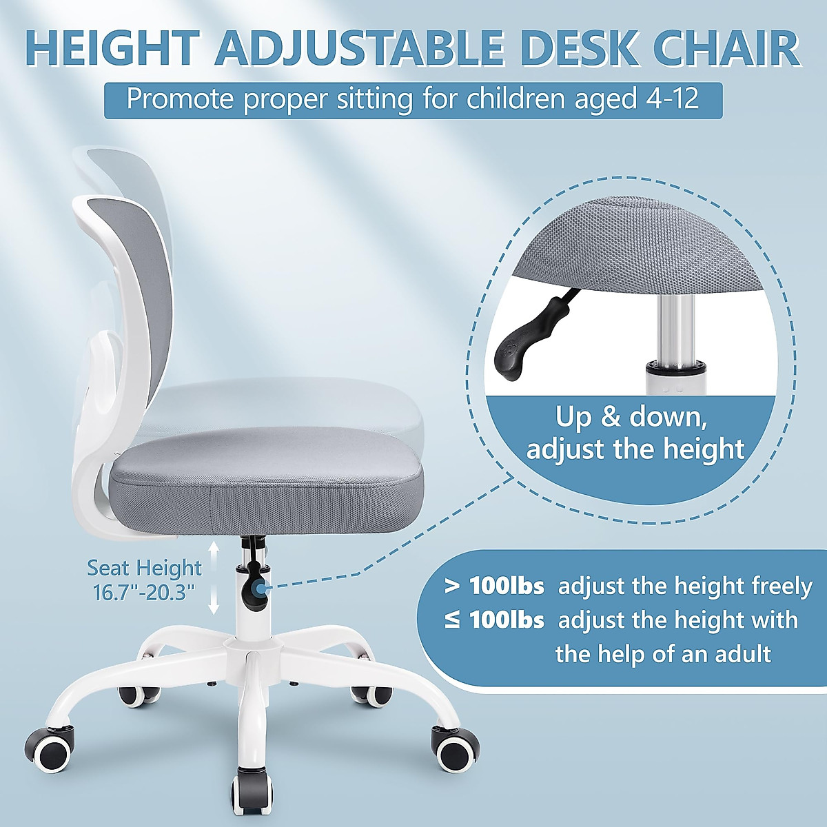 Primy Kids Desk Chair, Ergonomic Children Study Computer Chair Adjustable, Breathable Mesh Office Chair with Wheels, Armless Rolling Swivel School Task Chair for Boys Girls Age 4-12 in Home Bedroom