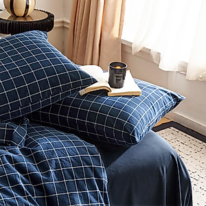 Wake In Cloud - Grid Cotton Duvet Cover Set, Plaid Checkered Geometric Farmhouse, 100% Washed Cotton Textured Percale Bedding Set, 3 Pieces, Navy Blue, Twin Size