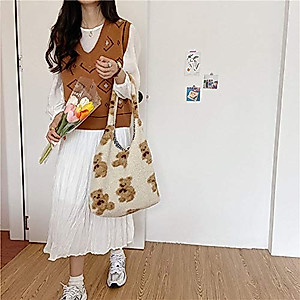 Women Lamb Like Fabric Shoulder Tote Bag Canvas Fluffy Fur Bear Handbags Soft Cute Bag