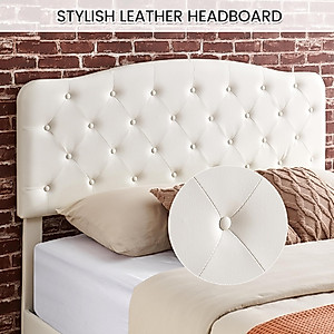 IDEALHOUSE Queen Bed Frame with Headboard Adjustable, Leather Platform Bed Upholstered Queen Size, Button Tufted Mattress Foundation, Wooden Slat Support, No Box Spring Needed, White