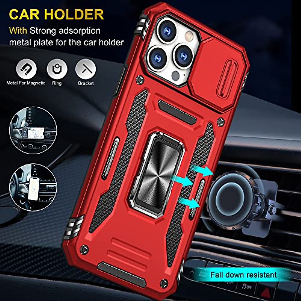 2023 NEW CASE for iPhone 13 Pro Max Case with Stand & Camera Cover Slide,Built-in 180°+360° Rotate Ring Kickstand,Shockproof Military Grade Drop Protective Phone Cover iPhone 13 Pro Max Case Red