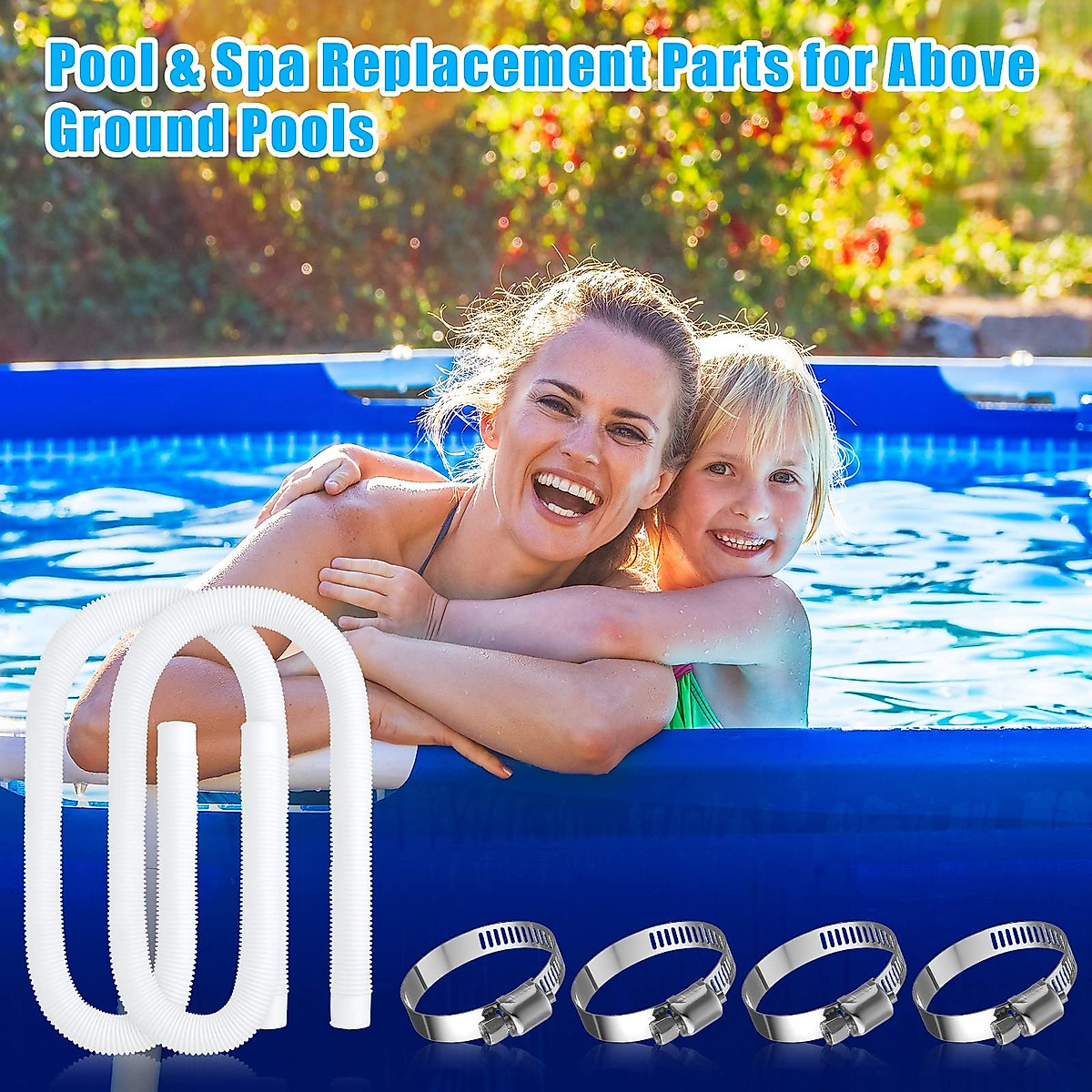Saintrygo 4 Pcs 1.5 Inch Pool Hose for Above Ground Pools Diameter Pool Pump Replacement Hose 59 Inch Length Swimming Pool Hose with 8 Pcs Hose Clamps (White)