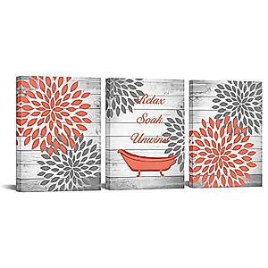 OuElegent Dahlia Canvas Wall Art Coral Gray Flower with Rustic Wood Background Painting Pictures Vintage Bathtub Relax Soak Unwind Inspiring Prints Artwork for Bathroom Decor 12"x16"x3 Panels