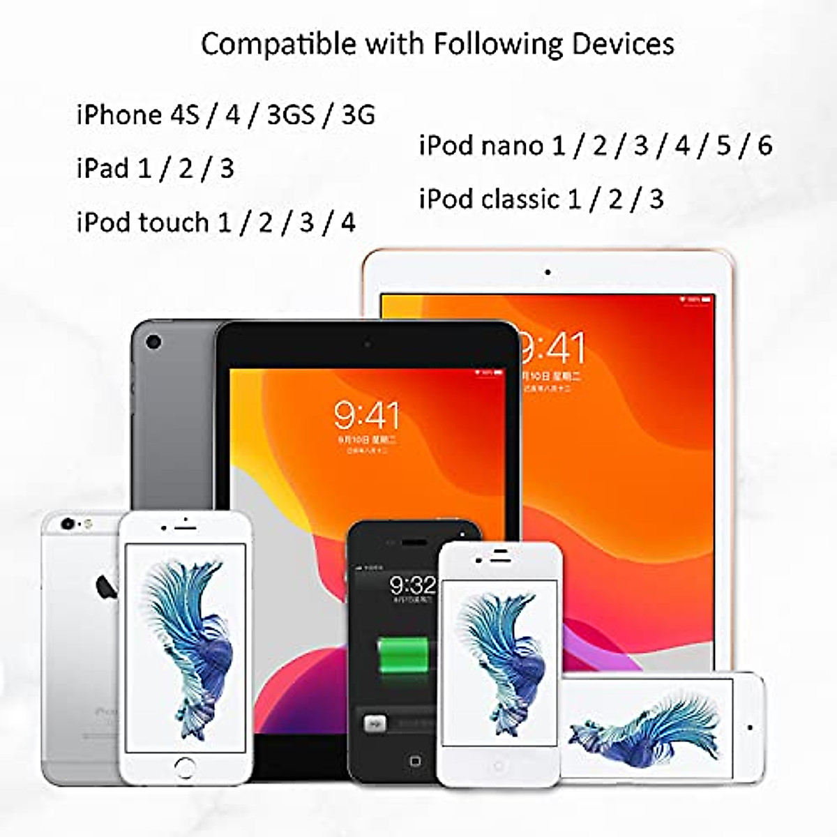 Pocxwa 1-Pack 30-Pin Charger Cable Compatible for Old iPhone 4 4S 3G 3GS, iPad 1 2 3, iPod Touch, iPod Nano USB Fast Charge & Sync Charging Cord