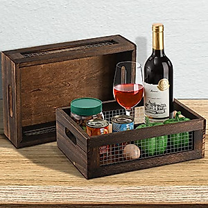 Dicunoy Set of 2 Rustic Nesting Boxes, Wooden Organizer Crates Basket, Small Decorative Wood Wire Containers with Handle for Countertop, Fruit, Veggies, Kitchen, Bathroom, Pantry Storage, Gift Basket
