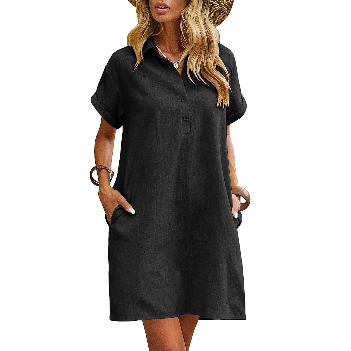 Zeagoo Womens Casual Summer Cotton Drsss Short Sleeve A-line Dress Button Down Beach Sundress with Pockets.Black,Medium