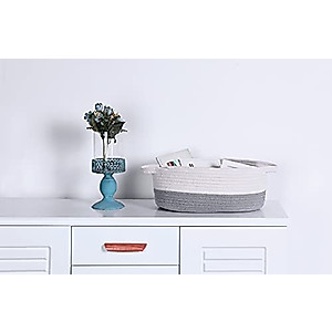 ZFRXZ 2-Pack Small Woven Basket | Cute Gray Rope Basket | Oval Basket | Shelf Storage Basket | Chest Box| Empty Gift Baskets with Handles, 14"x 9.8" x 5" Cube Bins Organizer(White-Gray)