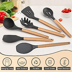 IOCBYHZ Kitchen Cooking Utensils Set, 6Pcs Silicone Cooking Kitchen Utensils Set Spatula Soup Ladle Turner Set, Heat Resistant Wooden Handle Silicone Kitchen Gadgets Utensil Set for Nonstick Cookware