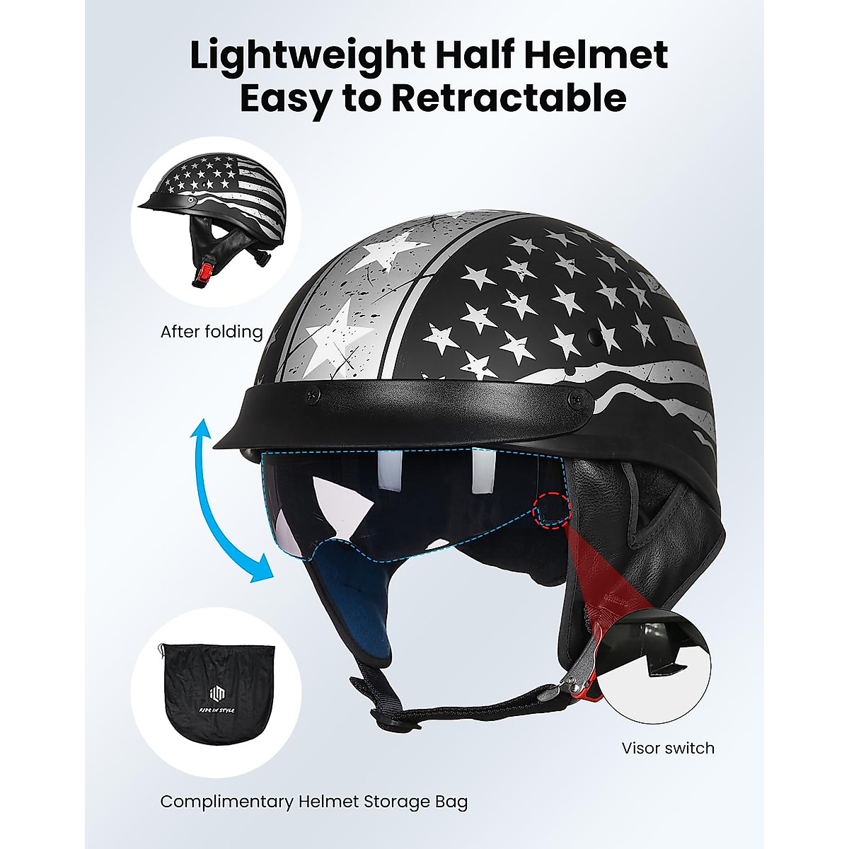 ILM Half Helmet Motorcycle Open Face Sun Visor Quick Release Buckle DOT Approved Cycling Motocross Suits Men Women 205V (L, Patriotic Flag)