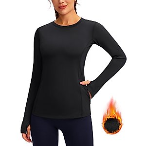 Women's Thermal Fleece Tops Long Sleeve Workout Shirts Running Athletic Base Layer with Thumb Holes Zipper Pocket(Black,L)