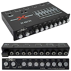 SoundXtreme ST-EQ755 1/2 Din 7 Band Car Audio Parametric Equalizer EQ with Front, Rear + Sub Output 8 Volt RMS Three Stereo RCA Output Built-in Input AUX / DVD Select Switch