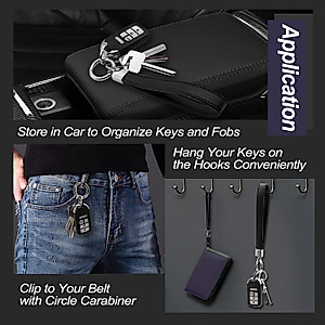 MECHCOS Car Key Fob Keychain Holder Genuine Leather Wristlet Loop Key Chain Circle Carabiner Clip for Men and Women with Anti-Lost D Ring, Screwdriver, 4 Key Rings, 360 Degree Rotatable, Black