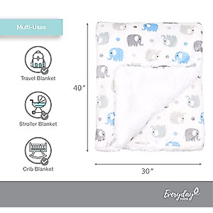 EVERYDAY KIDS Large Ultra Soft Gray and Blue Elephant Minky Baby Blanket for Boys Mink and Sherpa Toddler and Baby Boy Blanket Measures 30 x 40”; Trendy Animal Elephant Baby Nursery Decor