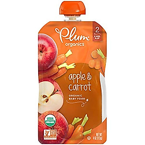 Plum Organics Apple and Carrot Baby Puree Food in Pouch, Organic Food Squeeze, Non GMO, 4 Ounce (Pack of 6)