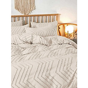 Nanko Beige Duvet Cover Twin Size, 2pc Boho Tufted Microfiber Bedding Comforter Cover Set, All Season Aesthetic Shabby Chic Soft Embroidery Textured Geometric Quilt Cover 68x90 inches