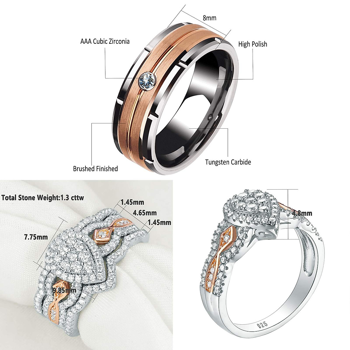 Newshe Jewellery Wedding Rings Set for Him and Her AAAAA Cz Women Mens Tungsten Bands 925 Sterling Silver Rose Gold 11&7