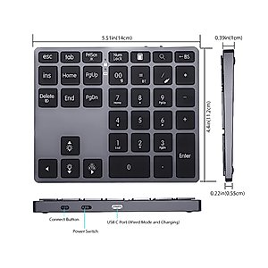 LINKEET Tri-Mode Aluminum Numpad 7-Color Backlit Bluetooth 5.0/Wired USB-C/2.4G Wireless Number Pad Slim 35-Key Rechargeable Numeric Keypad External Keyboard Num Pad for Laptop, Mac - Black Grey