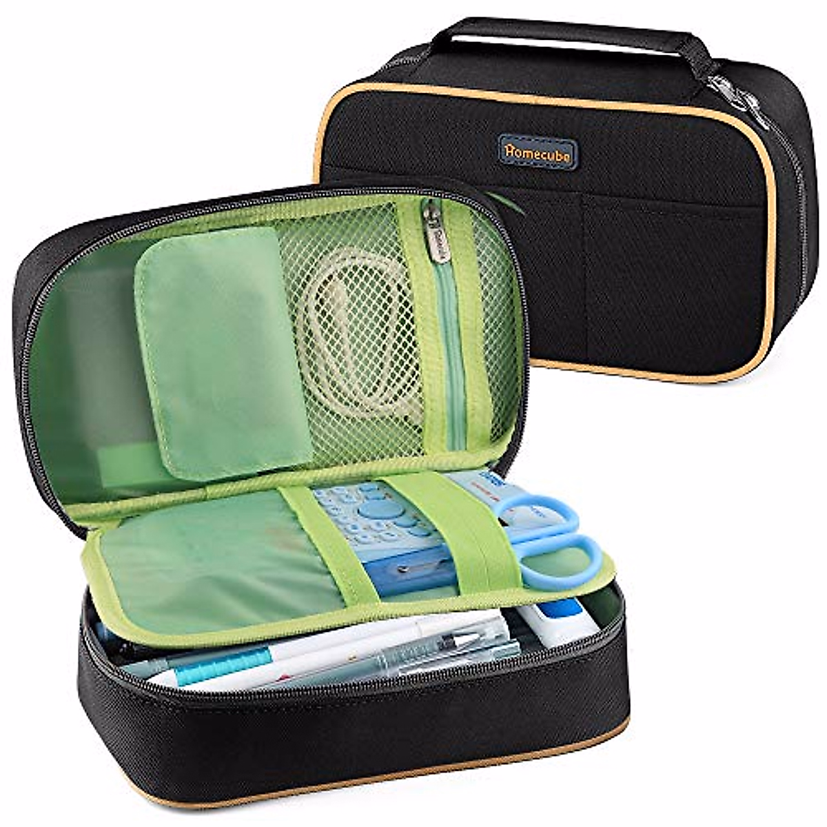 Homecube Pencil Case Big Capacity Storage Pen Bag Makeup Pouch Zippered Students Stationery Bag with Outer Pockets and Handle- 8.23x5.12x3.15- Black