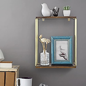 MyGift 2 Tier Modern Brass and Burnt Wood Floating Shelf, Decorative Shadow Box Wall Shelf