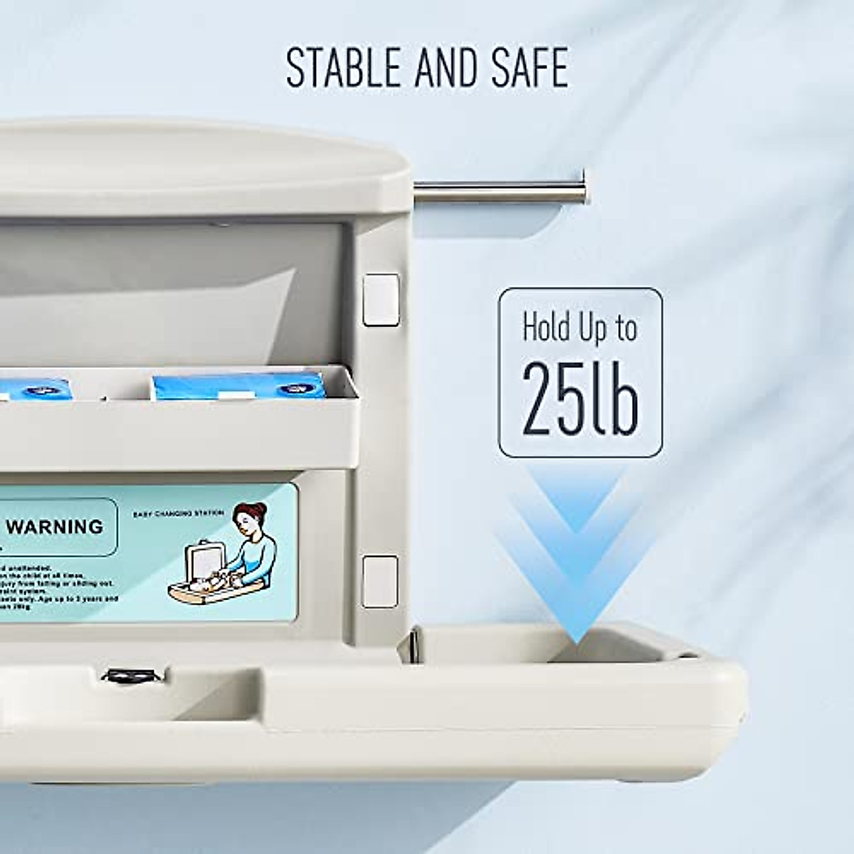 PLUSSEN Baby Changing Station Wall Mounted, Fold Down Commercial Baby Changing Station with Adjustable Safety Strap, Storage Box,Horizontal-X1005