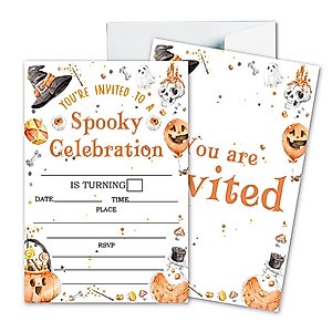 Deluxe Halloween or Costume Party Invitations, 25 Fill-in Cards with Envelopes, Pumpkin, Ghost, Monster, Cute Trick or Treat, Box or Treat for Kids Birthday or Adult party - 4"X6" (JRM347)