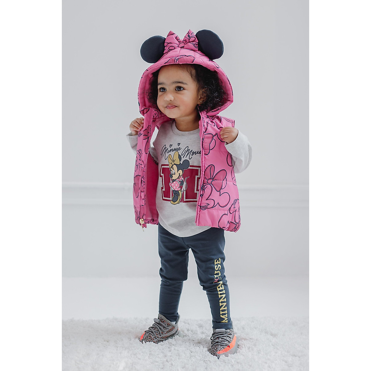Disney Minnie Mouse Toddler Girls Zip Up Vest Puffer T-Shirt and Leggings 3 Piece Outfit Set Pink/Gray 2T