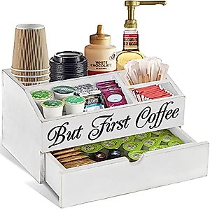 Coffee Station Organizer, Wood K Cup Coffee Pods Holder with Drawer, Countertop Coffee Bar Accessories Tea Bag Organizer, Coffee Bar Condiment Organizer for Coffee Bar Decor, Coffee Lovers Gift