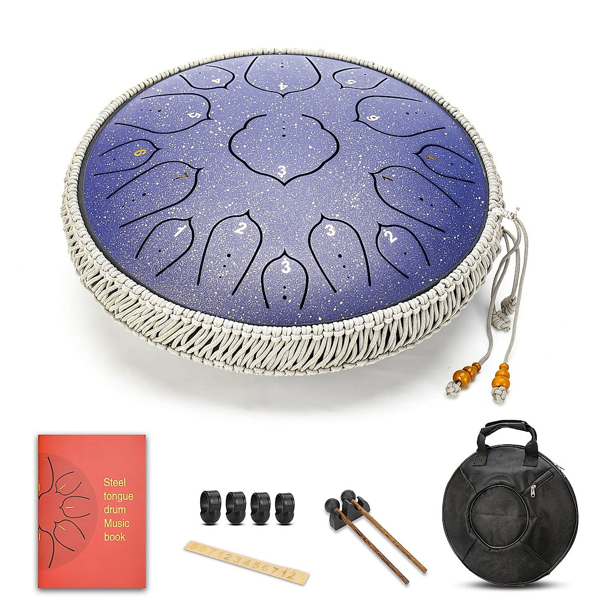 Steel Tongue Drum- ChunFeng 14 Inch 15 Notes Tongue Drum Instrument-Steel Drums For Adults-Hand Pan Drums With Music Book,Handpan Tongue Drum Mallets and Carry Bag,Lotus D Major(Blue)