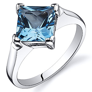 PEORA Swiss Blue Topaz Engagement Ring for Women 925 Sterling Silver, Classic Solitaire, Natural Gemstone, 2 Carats Princess Cut 7mm, Size 5