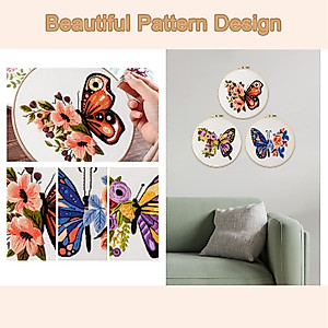 Anidaroel 3 Sets Butterfly Flower Pattern Embroidery Starter Kit for Beginners, Stamped Cross Stitch Kits for Beginners Adults Include Embroidery Fabric Embroidery Hoop Threads and Needles