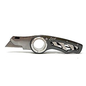 Excel Blades Revo Folding Pocket Utility Knife - Aluminum Body Heavy Duty Box Cutter with Holster, Anti-Slip Finger Loop Design Grip, Quick Change Blades and 3 Lock Positions Design, Grey