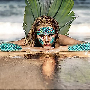 Mermaid Makeup Kit Mermaid Face Paint Scale Stencil and Gems Stickers with12 Bottles Holographic Glitter Mermaid Costume Tattoo Accessories for Women Festival Rave Carnival Party (7pcs Mermaid scale)