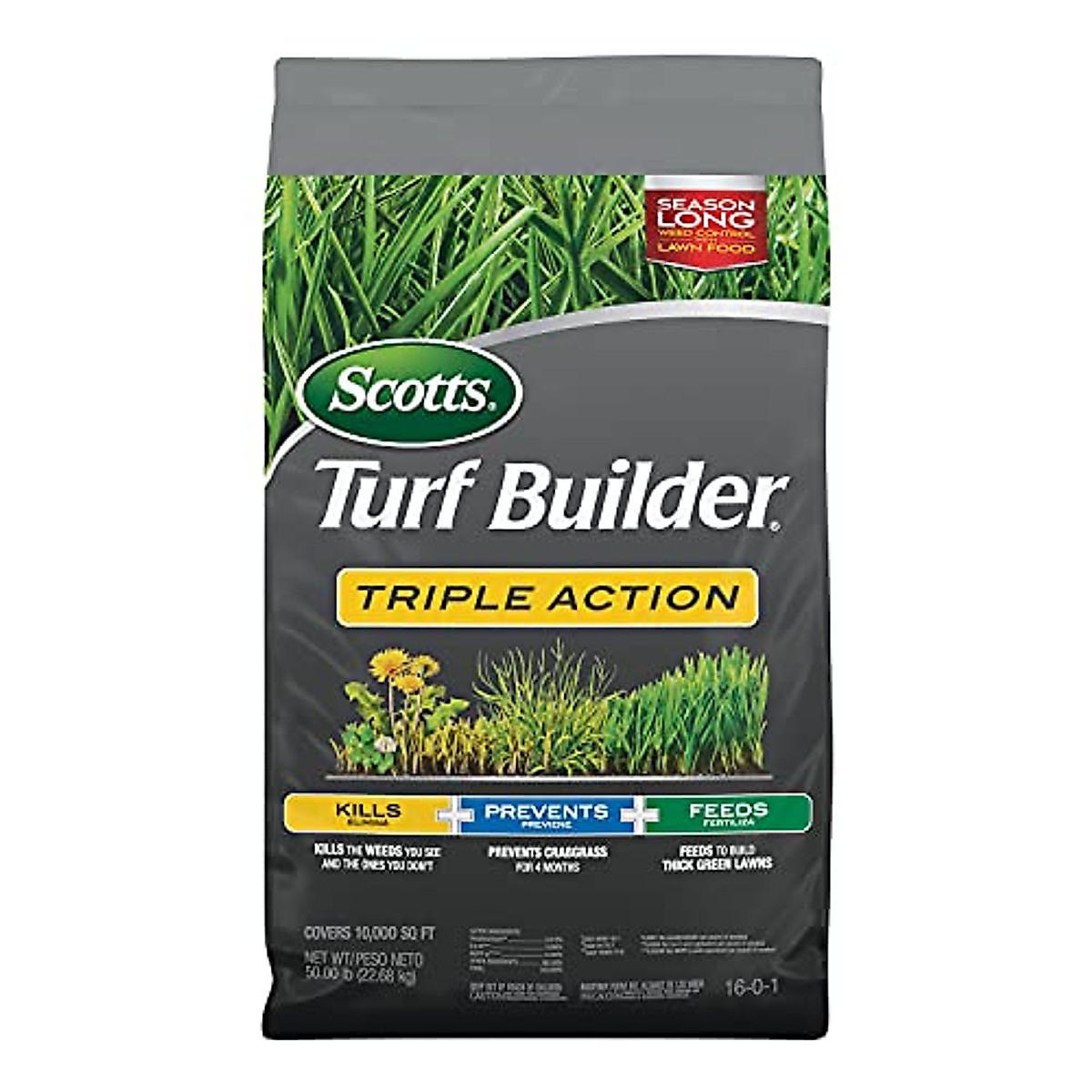 Scotts Turf Builder Triple Action - Combination Weed Control, Weed Preventer, and Fertilizer, 50 lbs., 10,000 sq. ft.