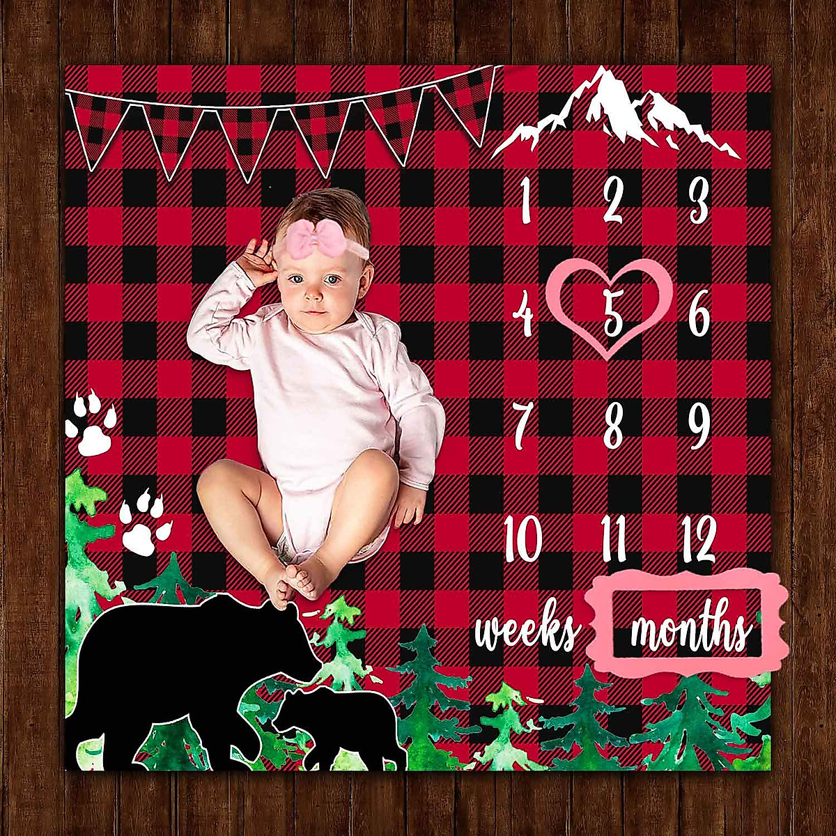 PHMOJEN Red Buffalo Plaid Milestone Blanket for Baby Boy, Rustic Hunter Theme Woodland Bear Age Blanket for Nursery, Lumberjack Baby Shower Backdrop, 1-12 Months, Includes Marks 40"x40" BTLSPH254