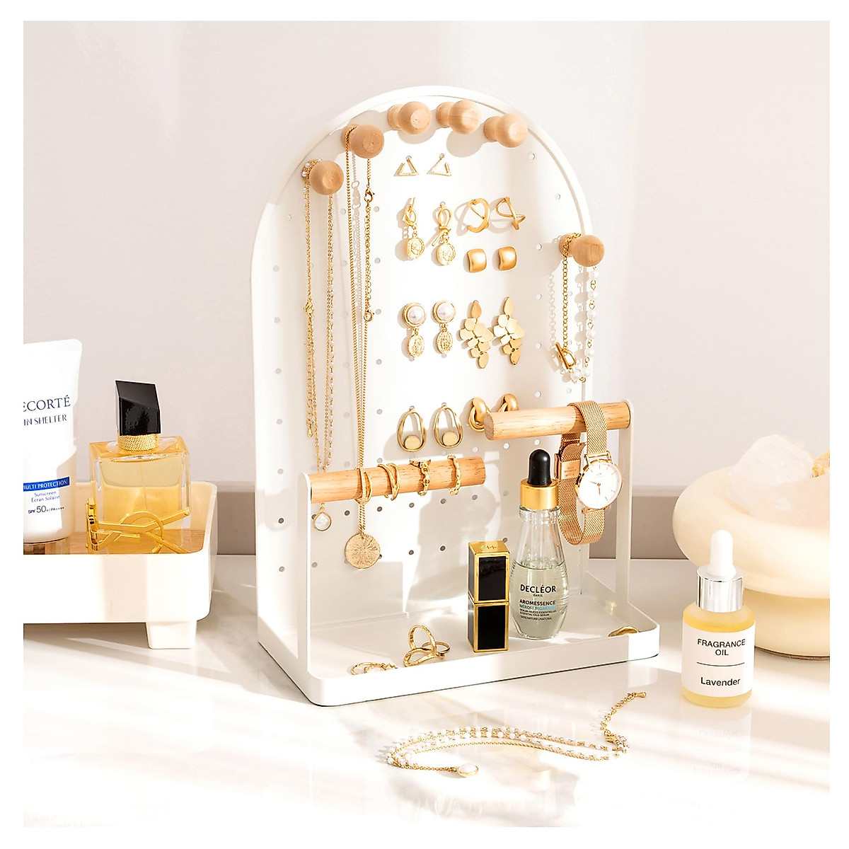 ProCase Cute Jewelry Organizer Stand Earring Holder Organizer for Dorm, Aesthetic Necklace Stand with 6 Removable Wood Hooks, Small Jewelry Display Rack with Bottom Tray for Bracelets Rings -White