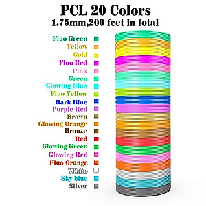 3D Printing Pen PCL Filament Refills 1.75mm, Pack of 20 Colors, Low Melting Temp of 70℃, High-Precision Diameter, Non-Toxic Non-Clogging (200 FT)