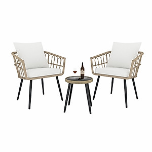 3 Pieces Patio Bistro Set All-Weather Wicker Ratan Conversation Set Outdoor Furniture Chairs w Glass Top Coffee Table and 2 Thick Cushions for Porch Backyard Lawn Poolside (White Cushion)