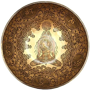 NHH 12 Inches Healing Mantra Carved Meditation Tibetan Singing Bowl, Hand Hammered Singing Bowls with Cushion & Mallet Striker