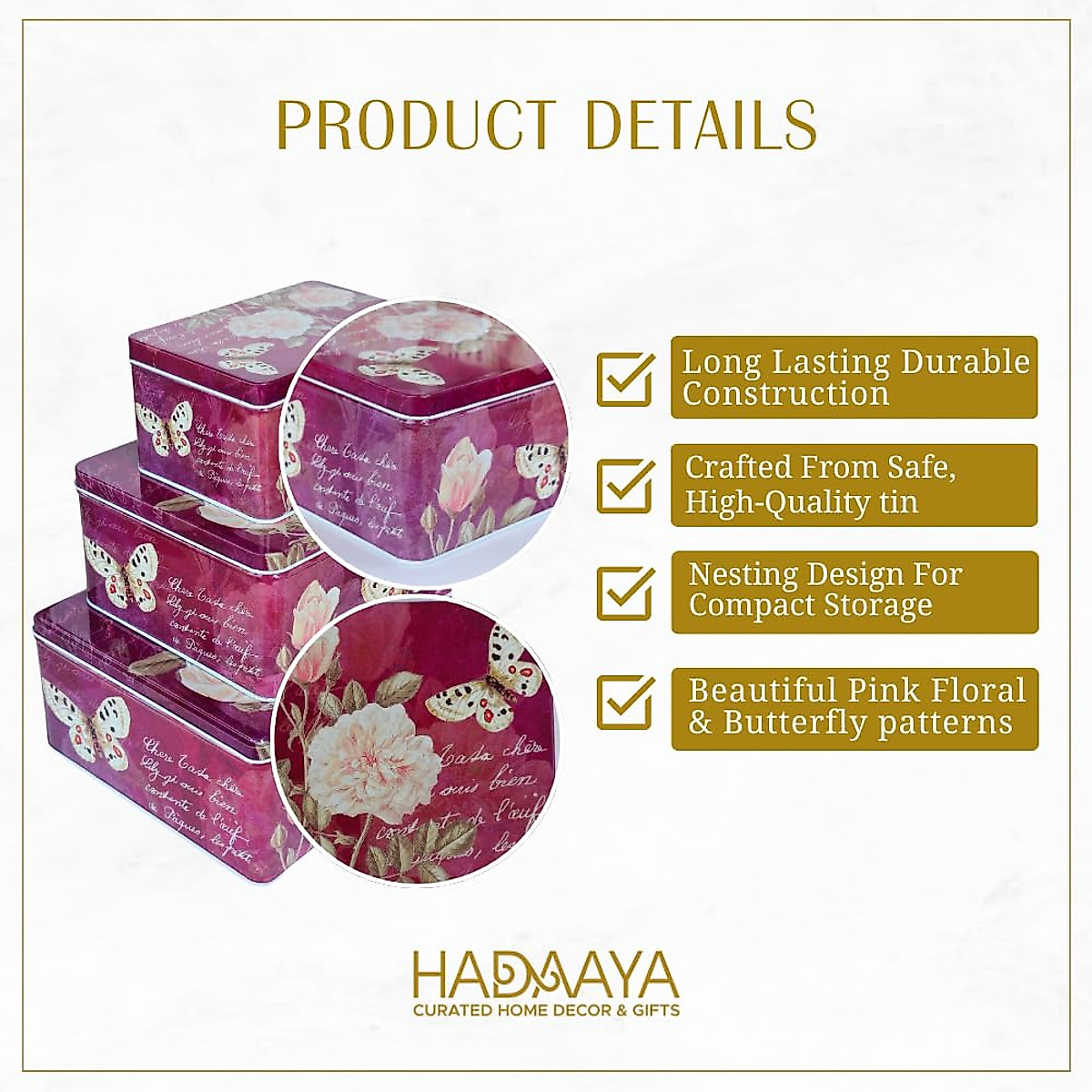 hadaaya Pack of 3 Rectangle Cookie Tins With Lids Multipurpose Tin Container for Cookies,Candies, Kitchen Storage, Stationery - BURGUNDY FLORAL BUTTERFLY