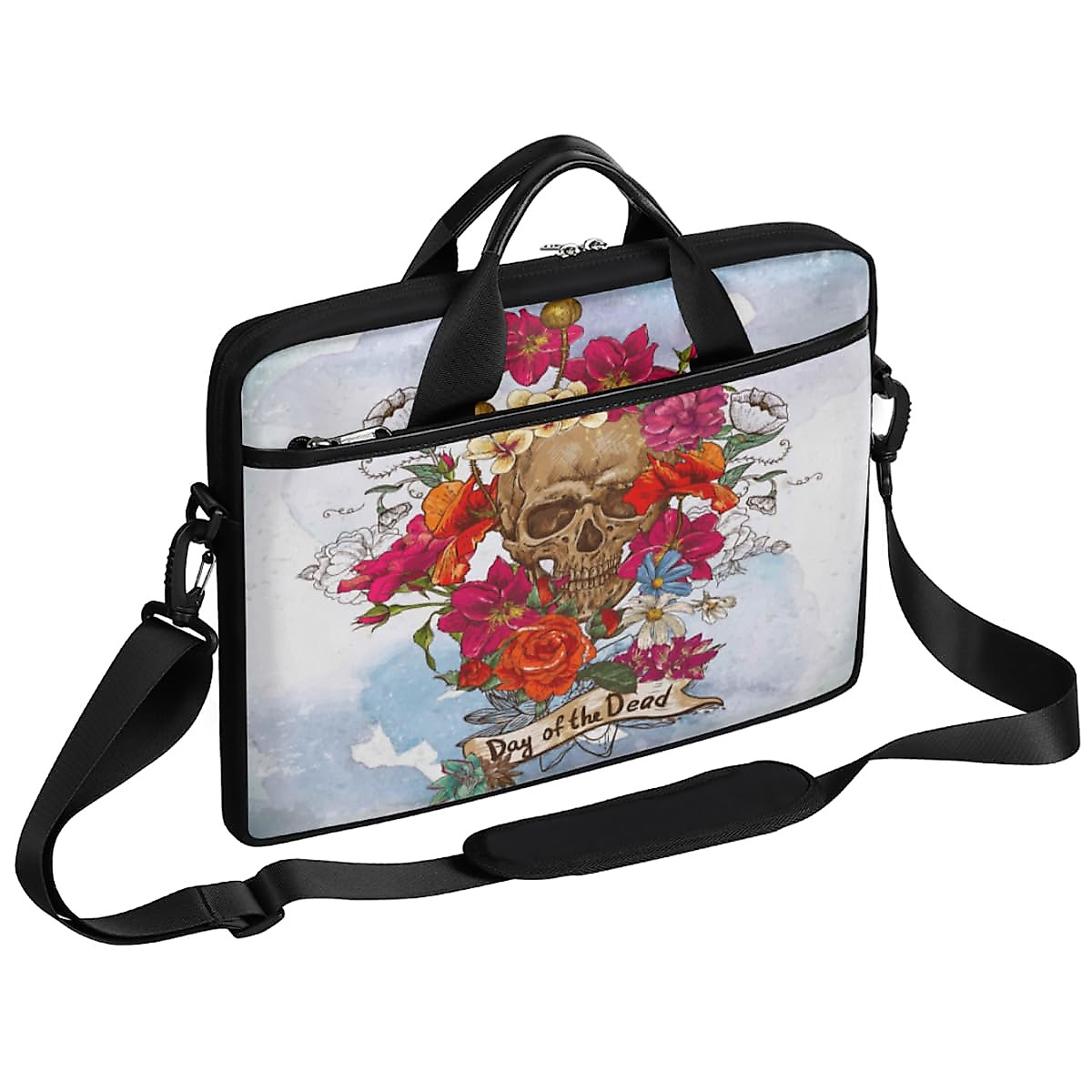 Sugar Skull Floral Laptop Computer Bag Waterproof Shoulder Messenger Bag 13-15 inch Durable Laptop Tote Bag with Shoulder Strap Handle Lightweight Crossbody Briefcase
