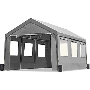 ADVANCE OUTDOOR 10'x20' Heavy Duty Adjustable Height Carport with 6 Roll-up Ventilated Windows & Removable Sidewalls Car Canopy Garage Boat Shelter Party Tent, Peak Height from 9.5ft to 11ft, Grey