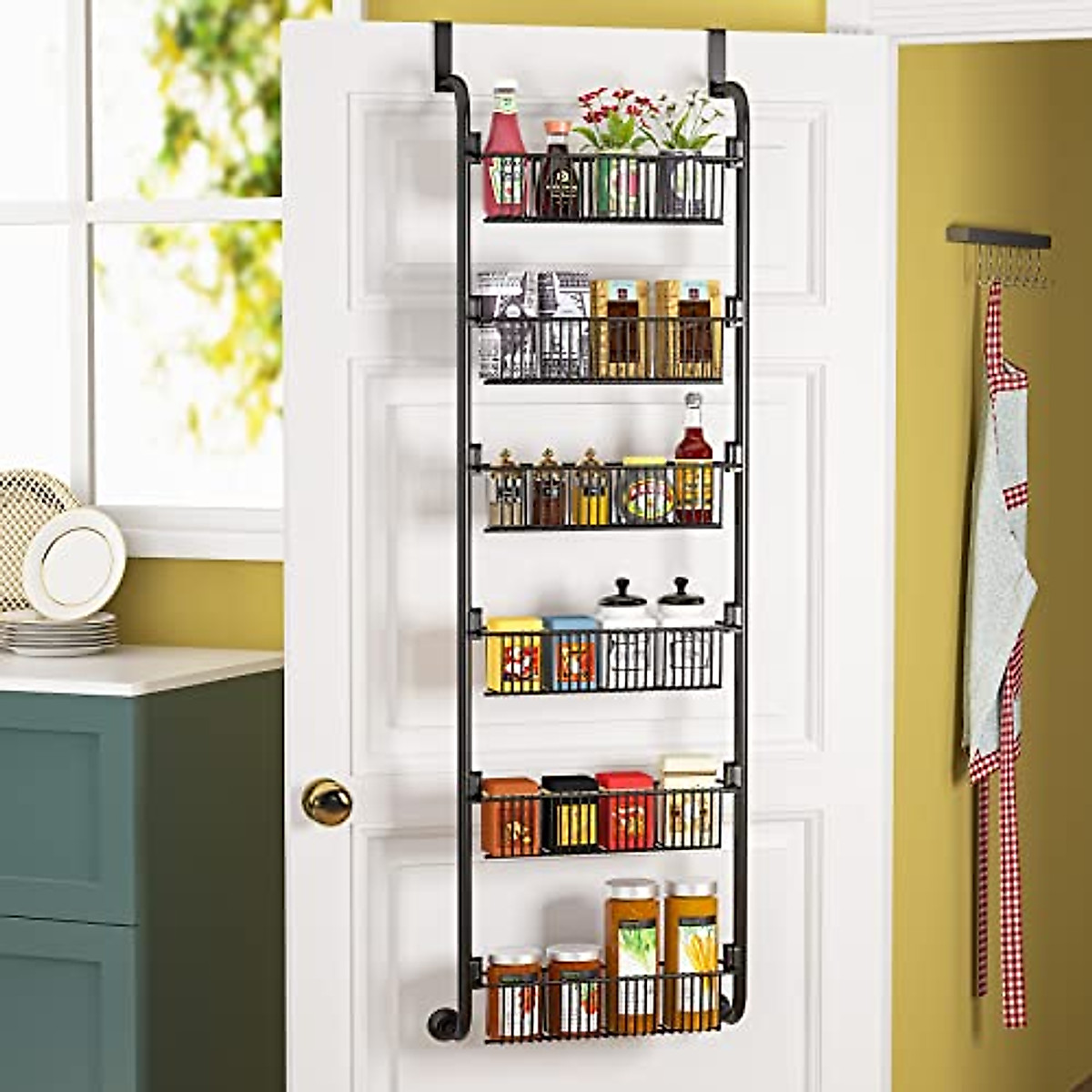 1Easylife 6-Tier Over the Door Pantry Organizer, Heavy-Duty Metal Pantry Door Organizer with 6 Baskets, Hanging Storage Door Organization Kitchen Spice Rack (6x4.72"Width Baskets, Black)